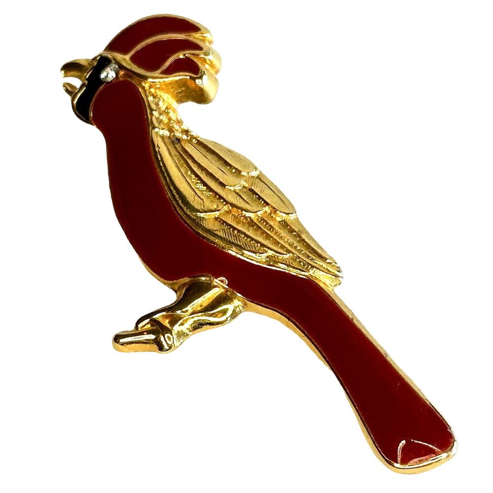 Vintage Monet Cardinal Bird Gold Tone Enamel Pin Broo… - Gem